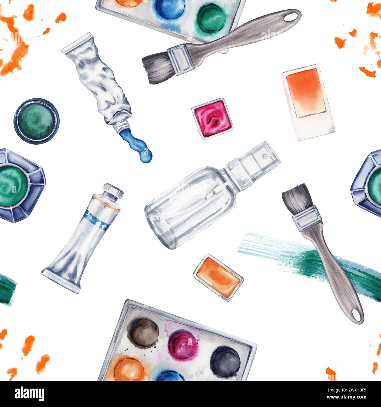 Art materials seamless pattern on white background. Brushes and paint ...