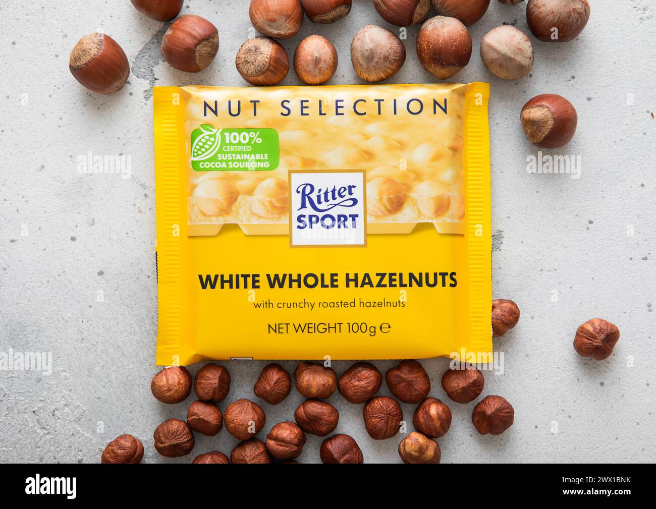 LONDON, UK - MARCH 02, 2024: Ritter Sport white whole hazelnuts ...
