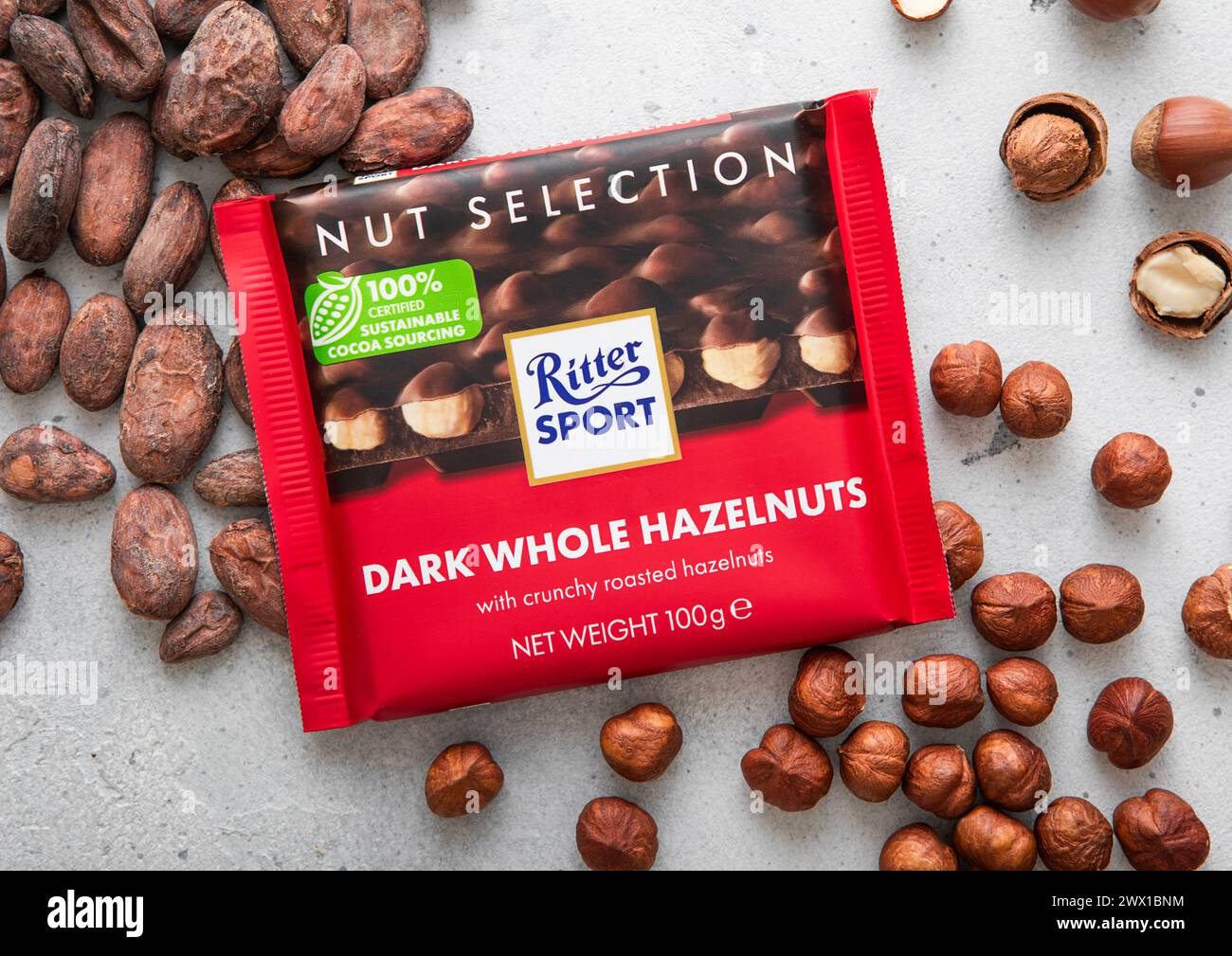 LONDON, UK - MARCH 02, 2024: Ritter Sport whole hazelnuts dark ...
