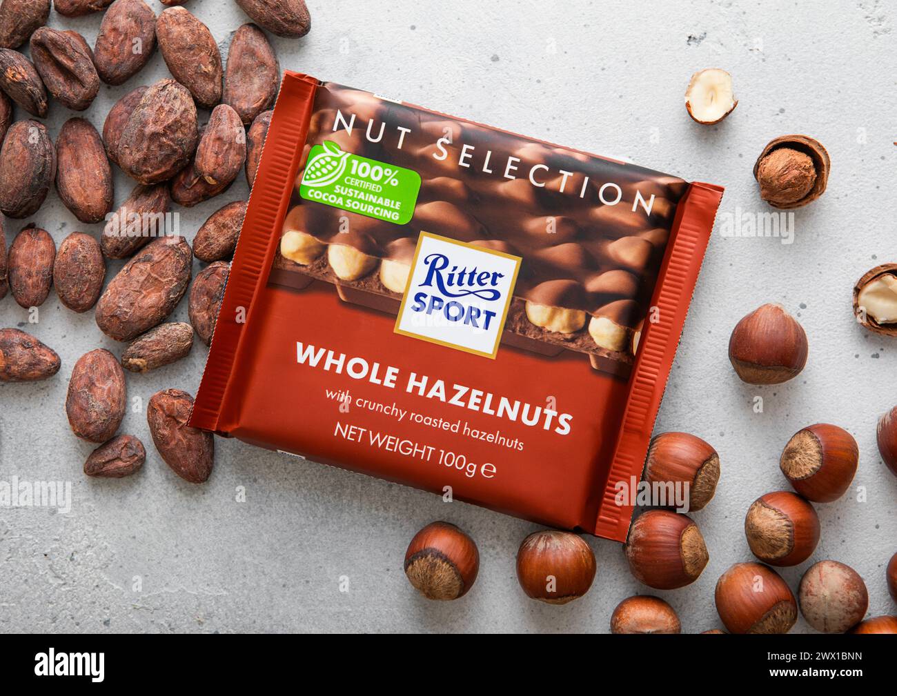 LONDON, UK - MARCH 02, 2024: Ritter Sport whole hazelnuts chocolate bar ...