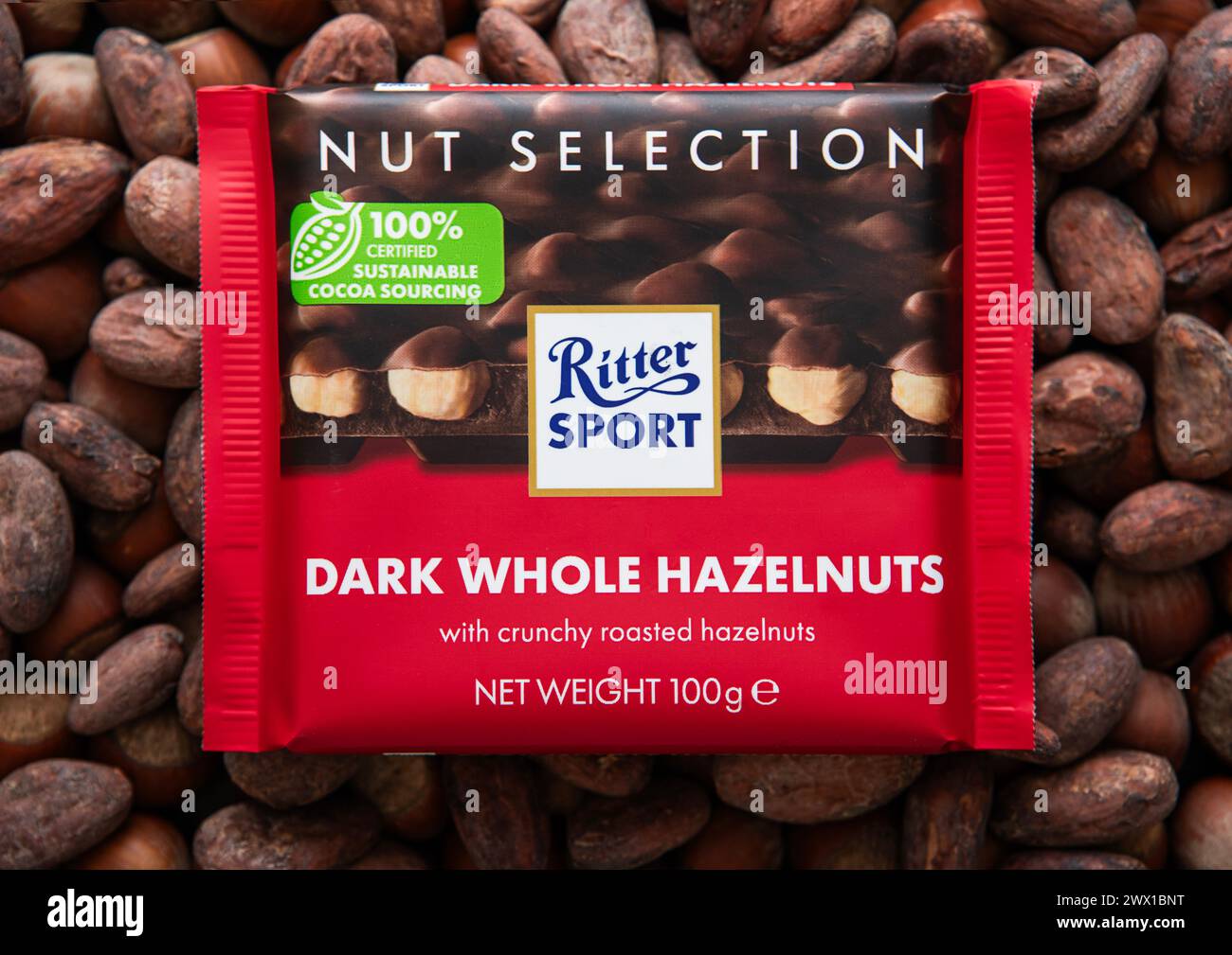 LONDON, UK - MARCH 15, 2024: Ritter Sport whole hazelnuts dark ...