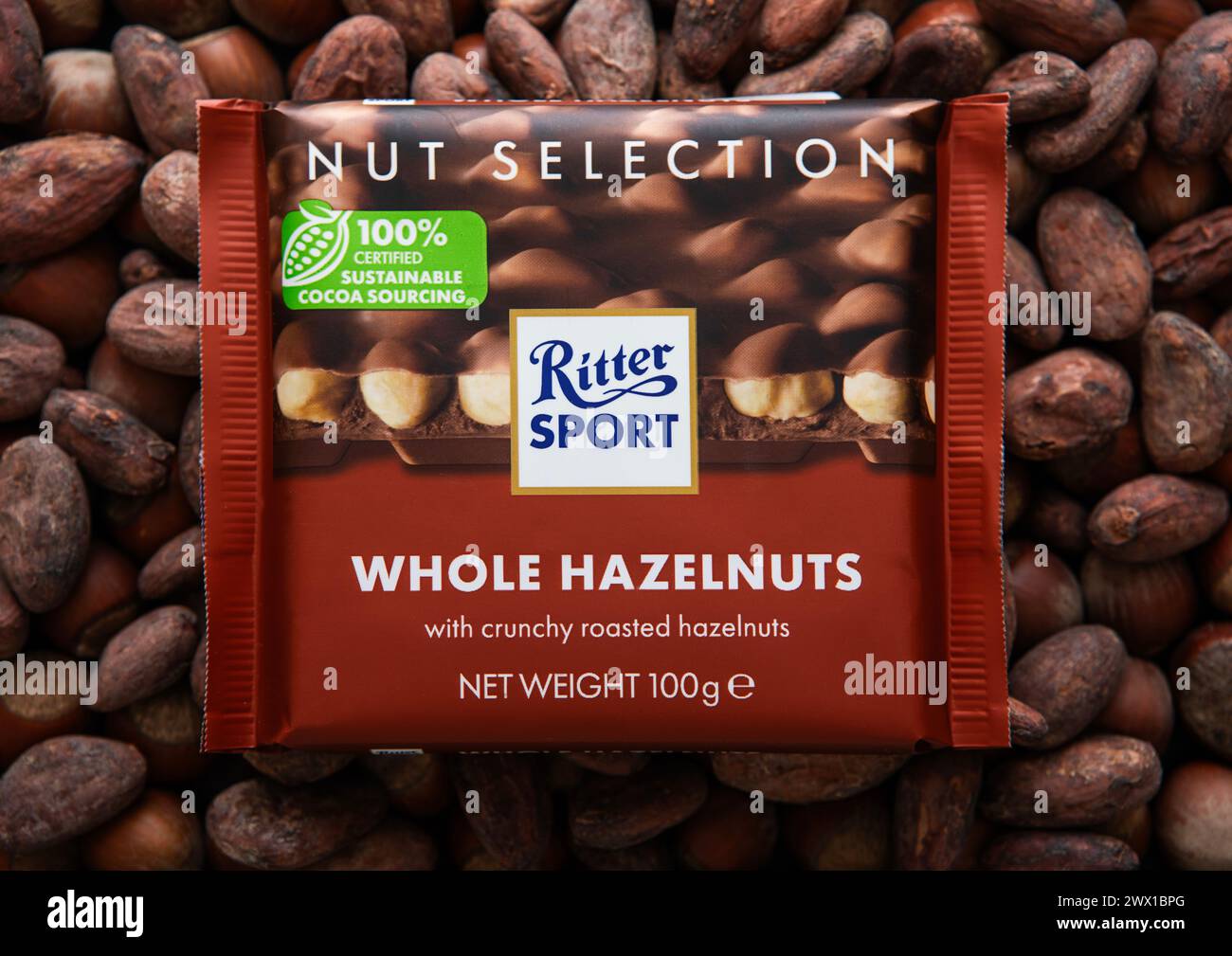 LONDON, UK - MARCH 10, 2024: Ritter Sport whole hazelnuts chocolate bar ...
