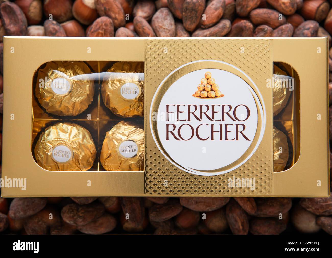 LONDON, UK - MARCH 10, 2024: Box of Ferrero Rocher chocolate candies on ...