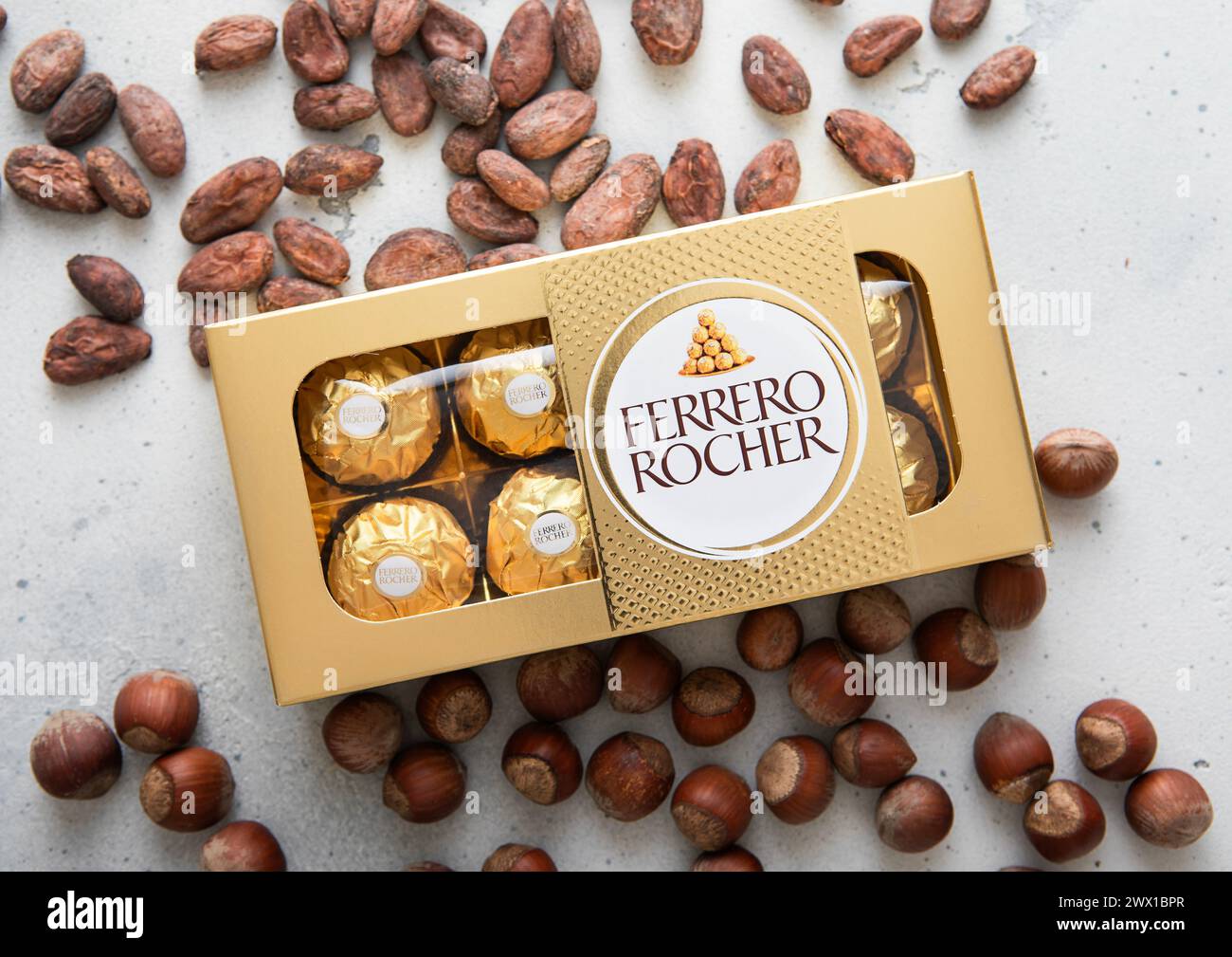 LONDON, UK - MARCH 02, 2024: Box of Ferrero Rocher chocolate candies ...