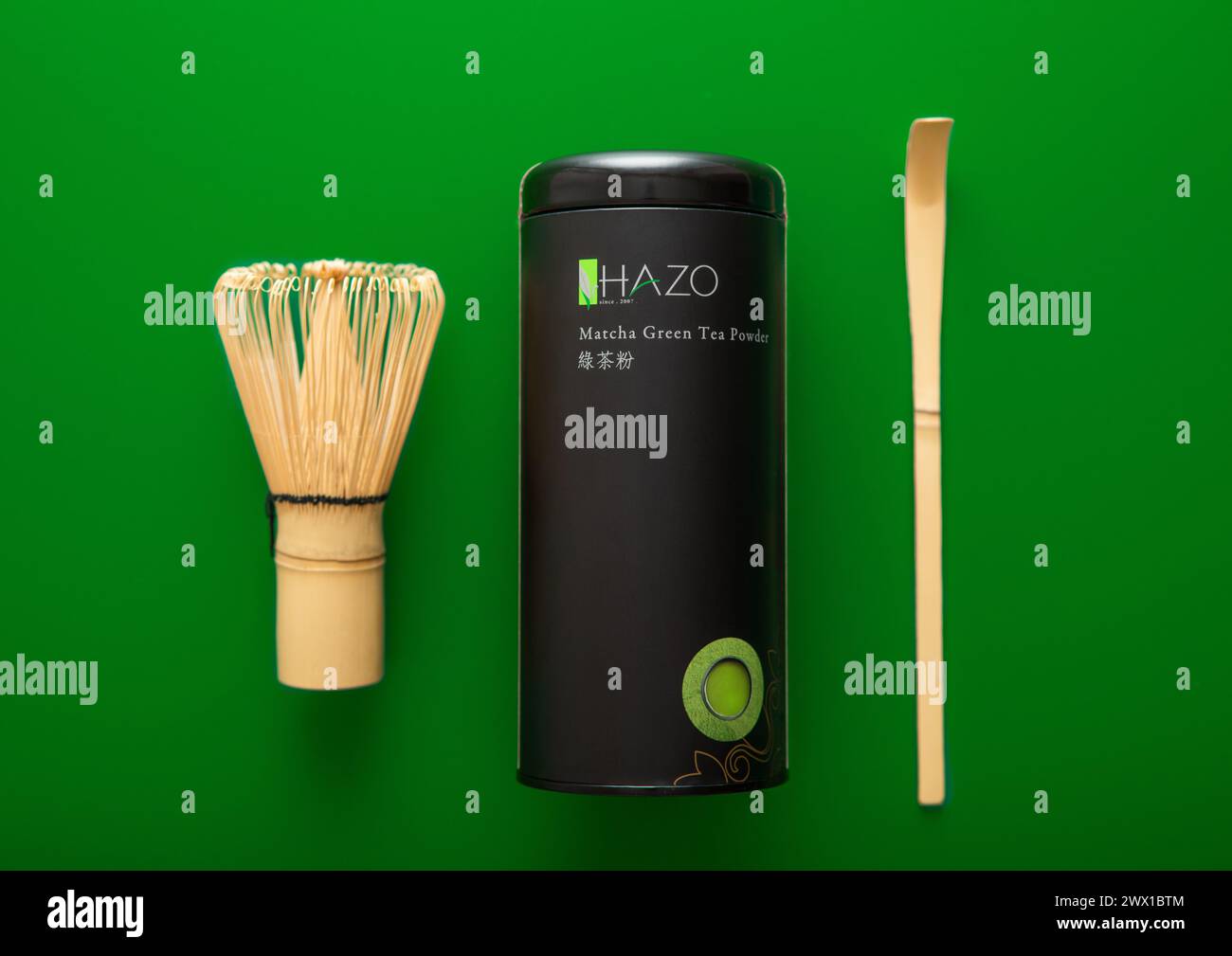 LONDON, UK - JANUARY 10, 2024: Hazo matcha green tea powder with whisk ...