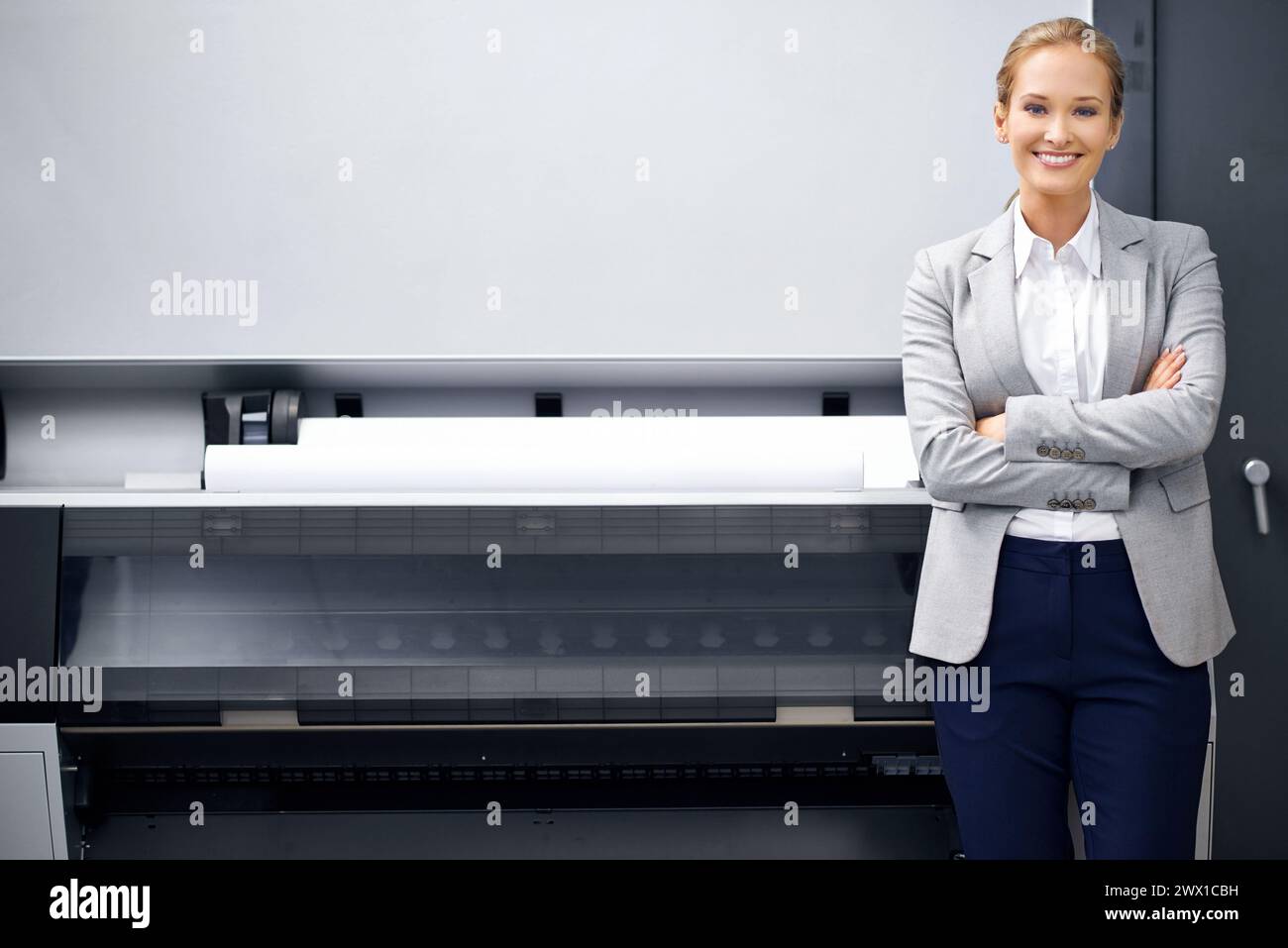 Printing machine, woman and portrait with paper in printer factory ...
