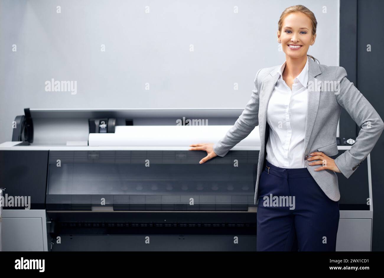 Business woman, printing machine and portrait with paper in factory ...