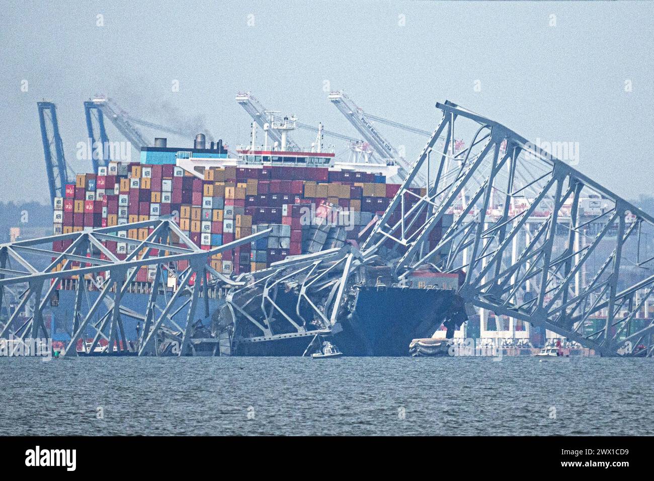 The Dali shipping container vessel is seen the ruins of Francis Scott ...