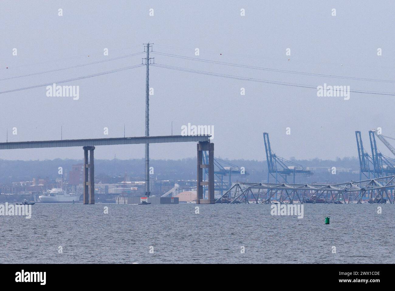 The remains of Francis Scott Key Bridge are seen outside Baltimore ...