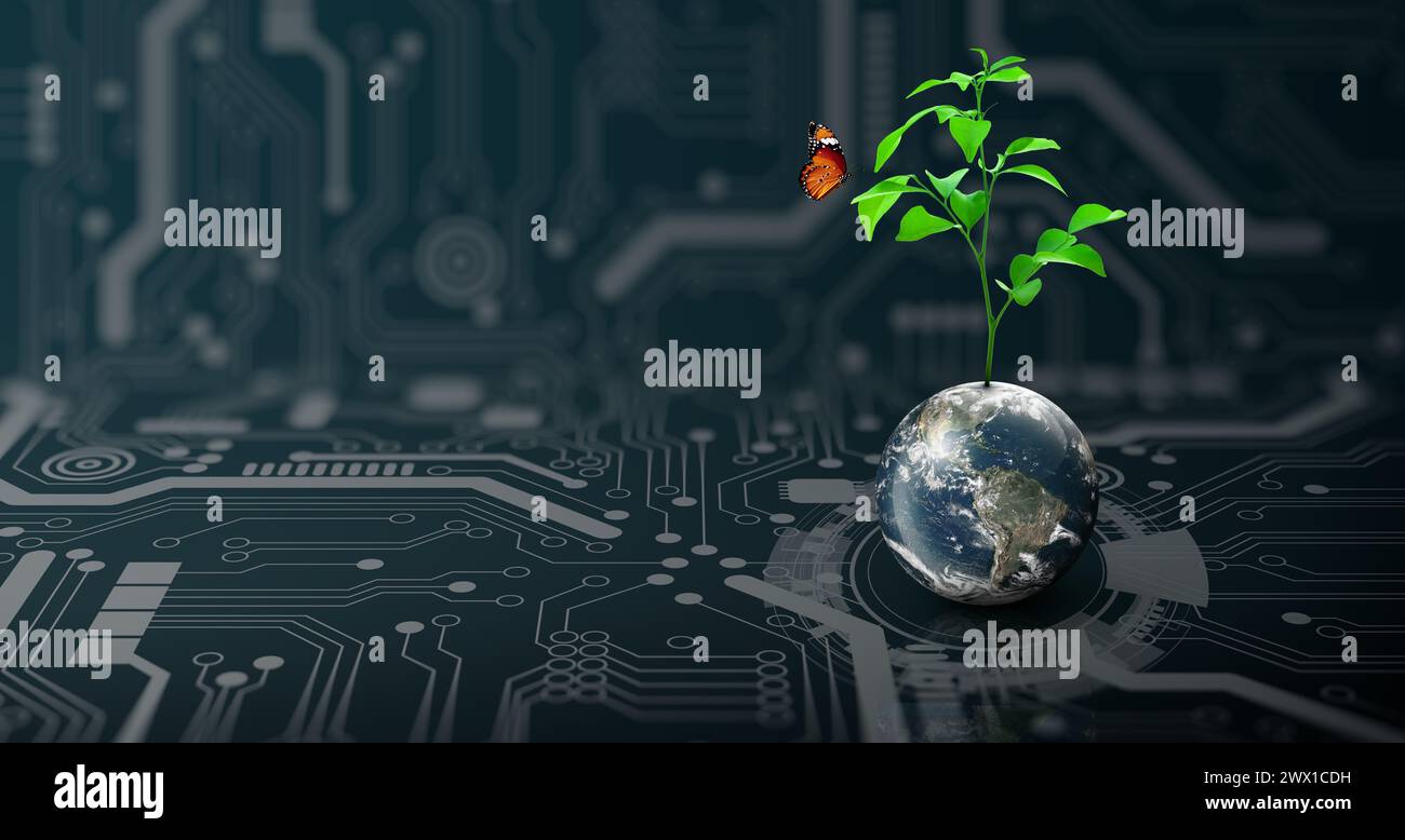 Tree growing on Earth with abstract blue background. Environmental ...