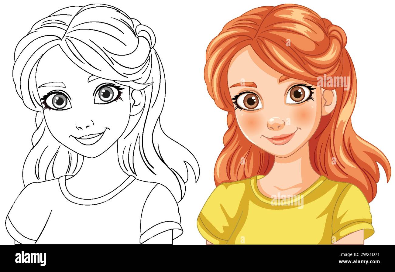 Vector illustration of a girl, before and after coloring Stock Vector ...