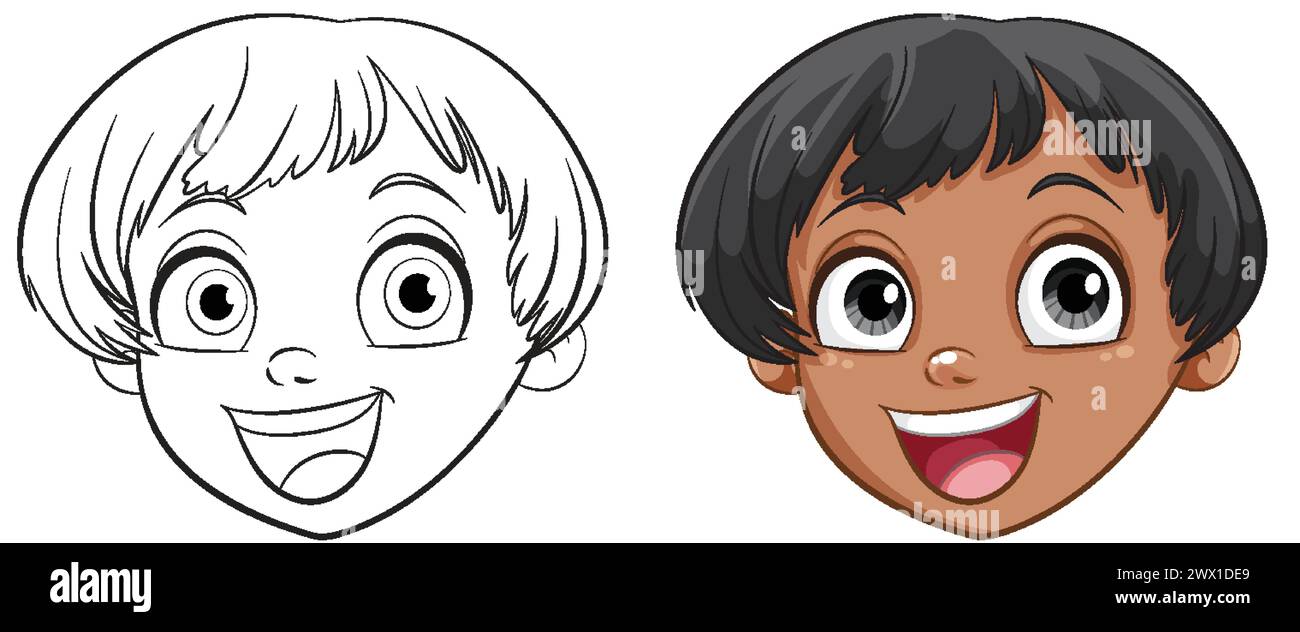 Two happy kids' faces, one colored, one outlined Stock Vector Image ...