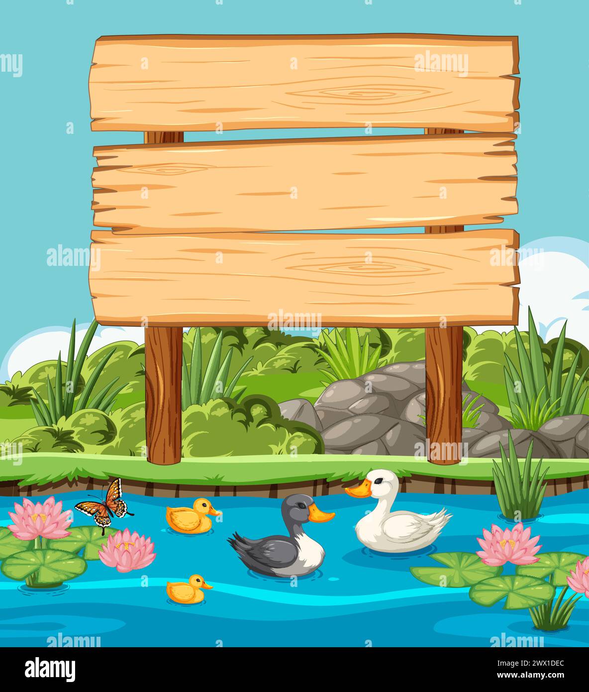Cartoon ducks near a blank wooden signboard Stock Vector Image & Art ...