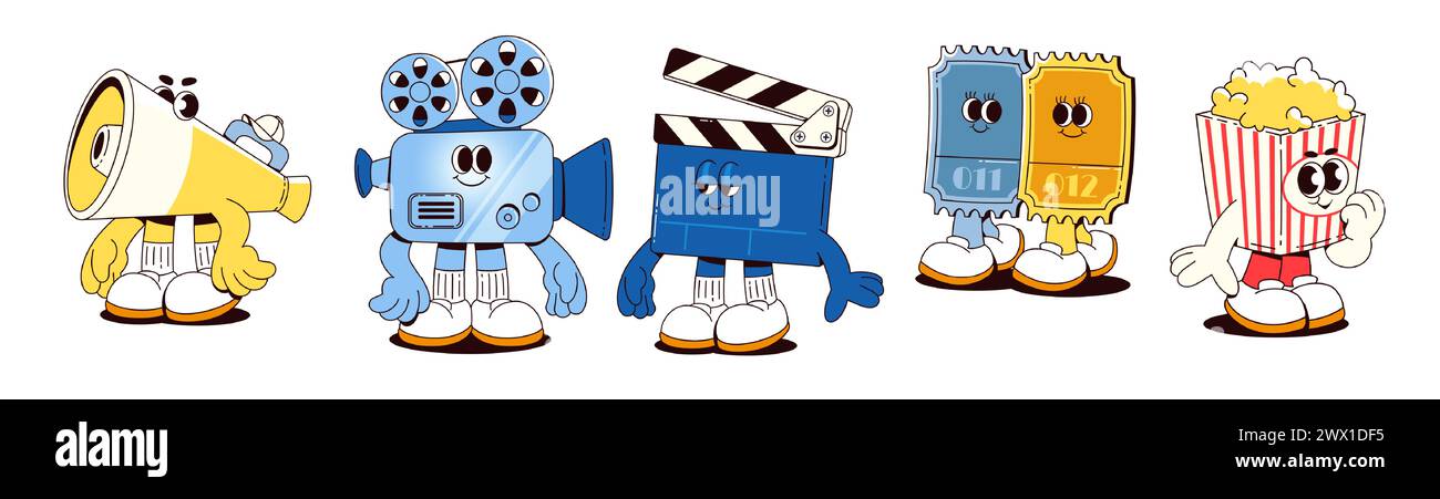 Movie theater mascots set isolated on white background. Vector cartoon ...