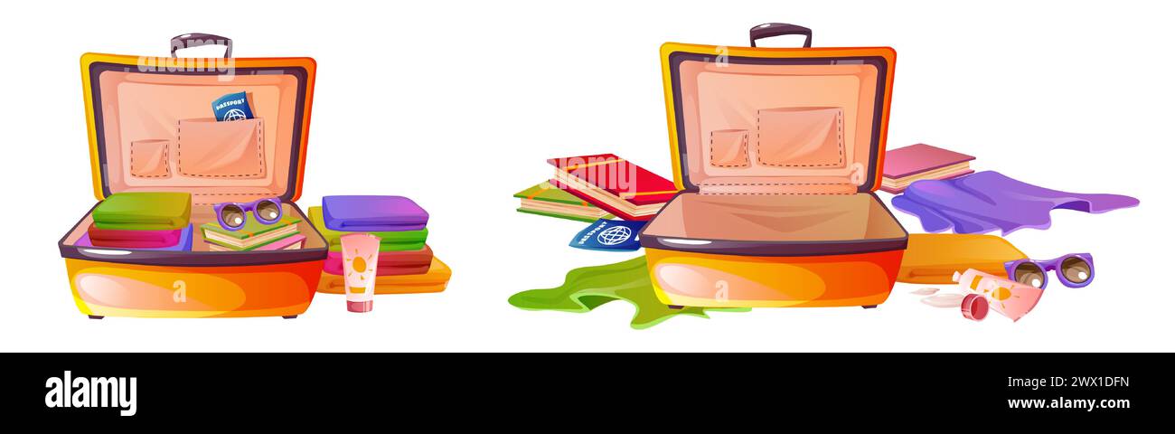 Open suitcase luggage for summer travel trip. Vintage vacation baggage ...