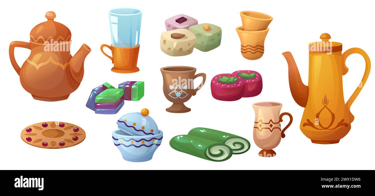 Ramadan arabic teapot and sweet food dessert cartoon. Turkish tea cup ...