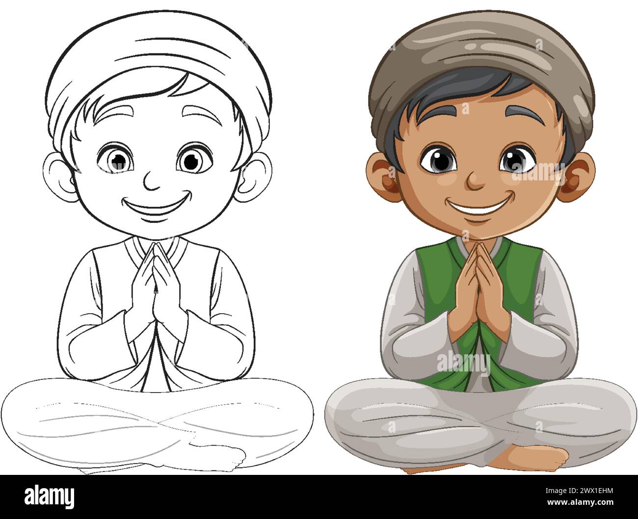 Colorful and line art illustrations of a boy greeting Stock Vector ...