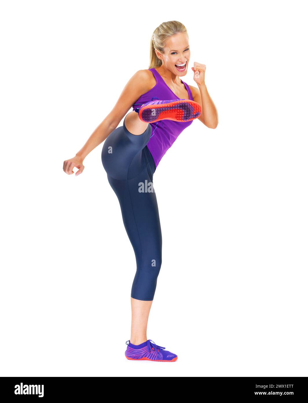 Fitness, kick and portrait of excited woman in studio for kickboxing ...