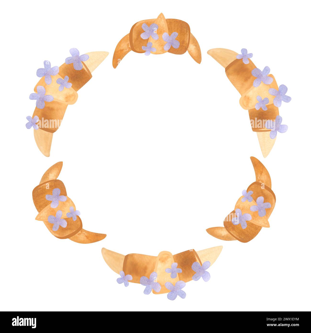 Wreath of croissants with blue flowers. Decor for tea party. Isolated ...