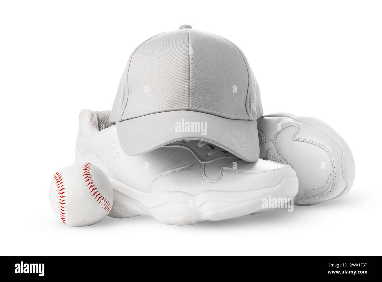 Baseball Cap, White Sneakers, and Ball on a white Background Stock ...