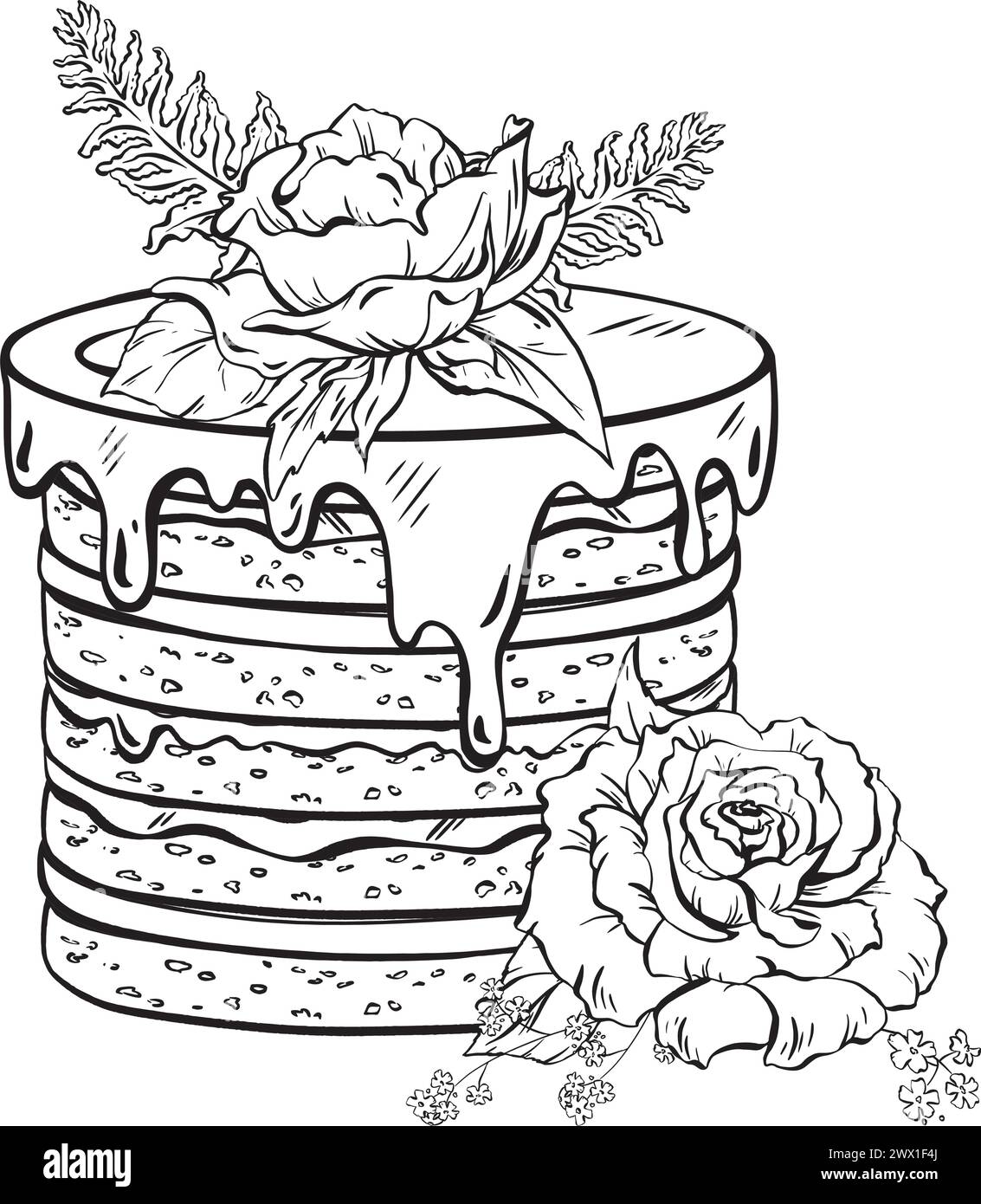 A monochrome illustration of a floraltopped cake in line art style ...
