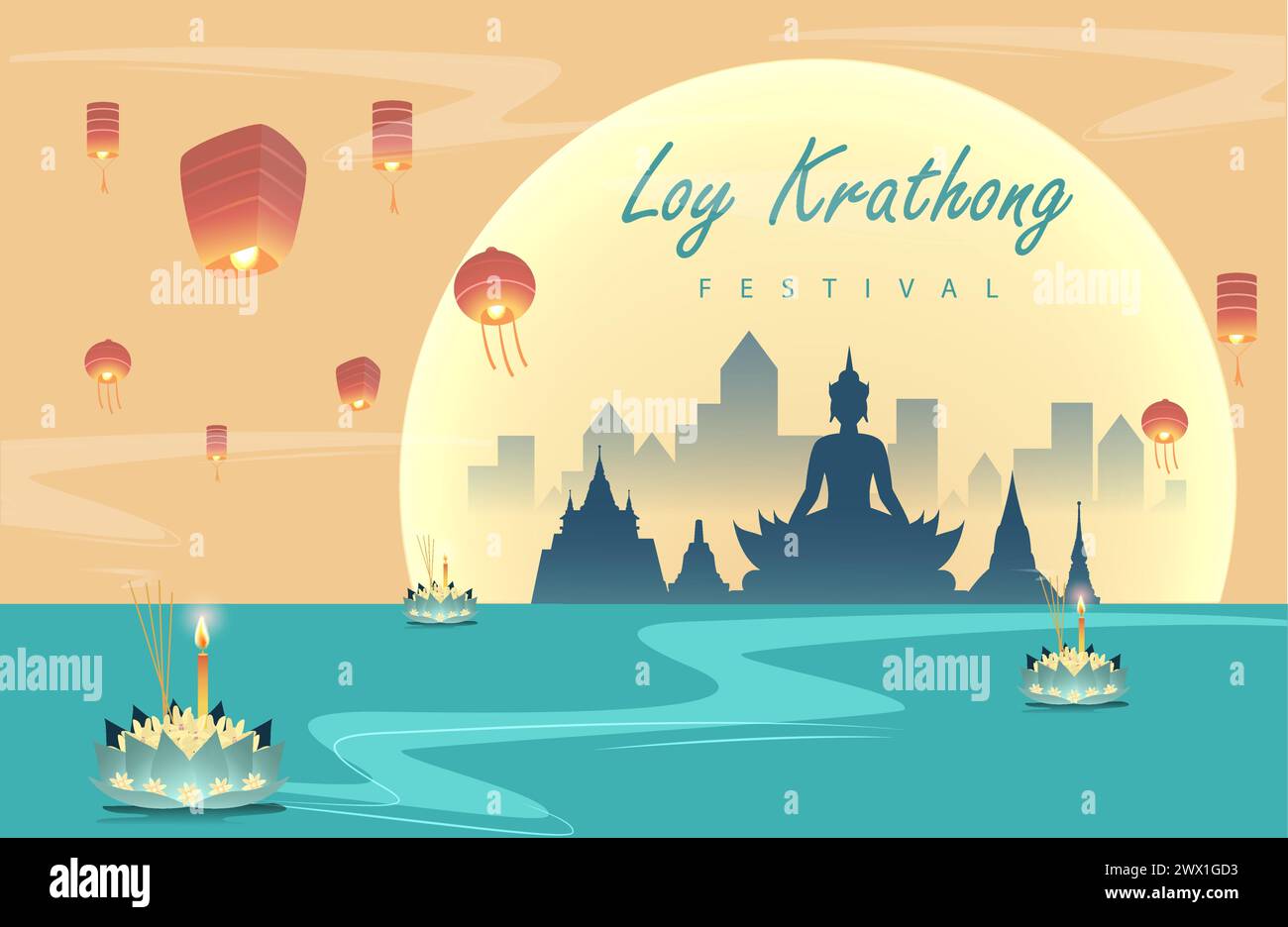 Loy krathong Festival Travel Thailand Poster Design Background Vector ...