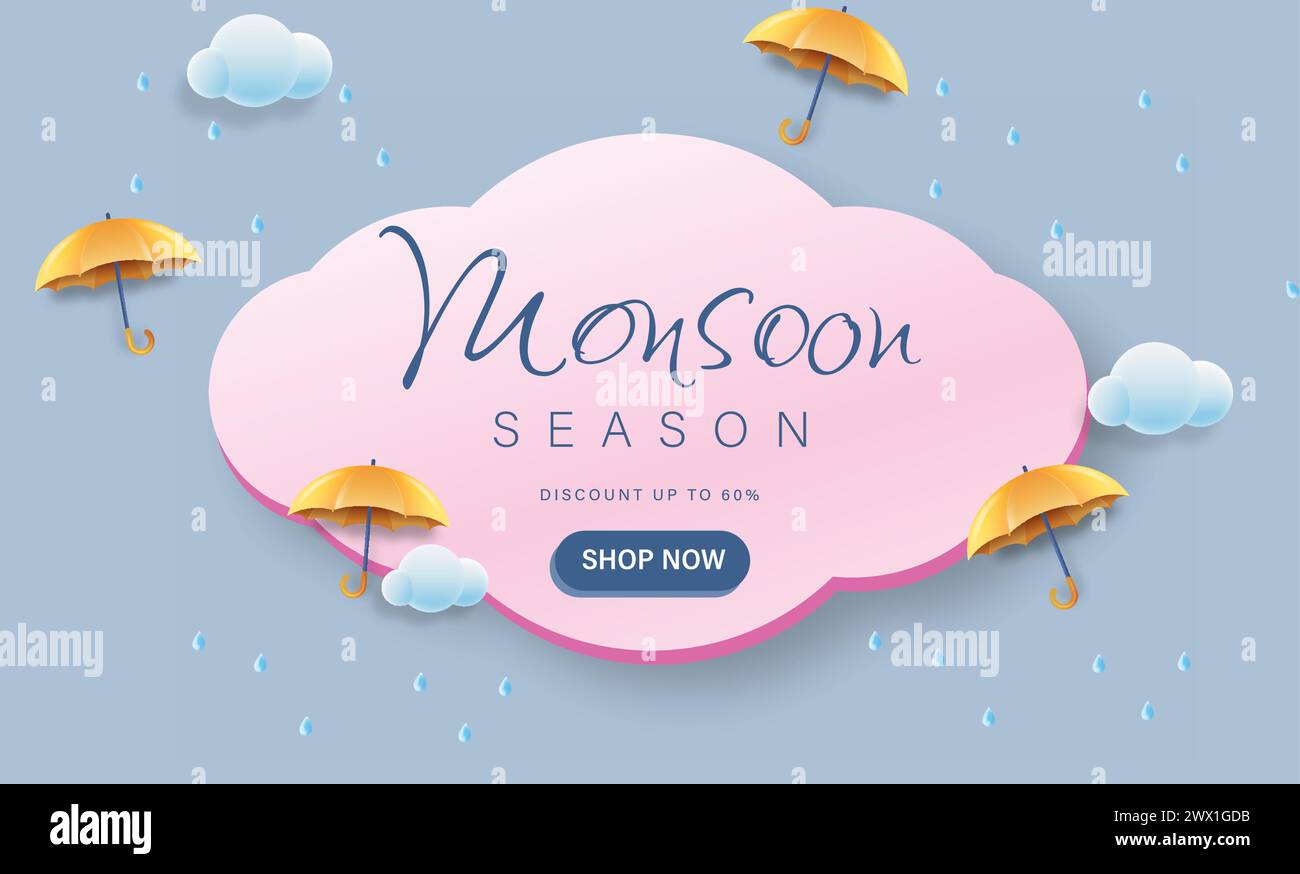 Monsoon Season Sale with 3D Realistic Umbrella Vector Illustration ...