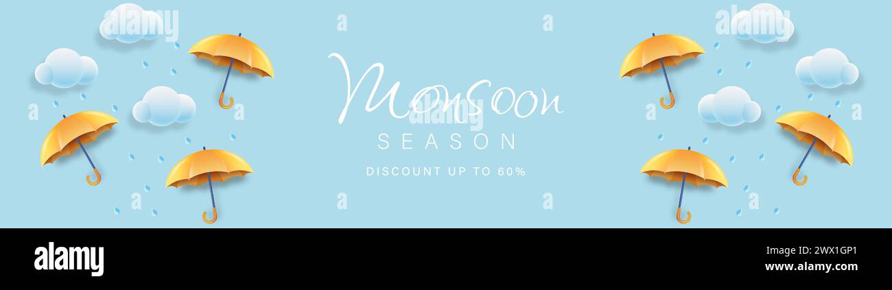 Monsoon Season Sale with 3D Realistic Umbrella Vector Illustration ...