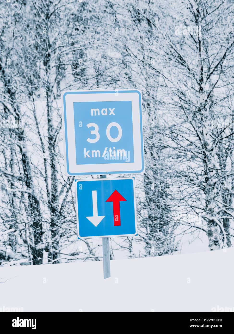 A blue and white speed limit sign displays a maximum of 30 kilometers per hour along a road and ...