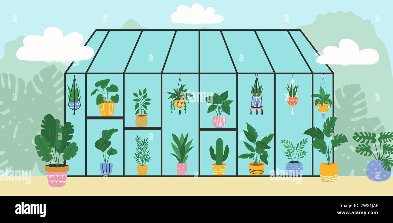 Botanical garden with plants in stylish planters and pots. Vector ...