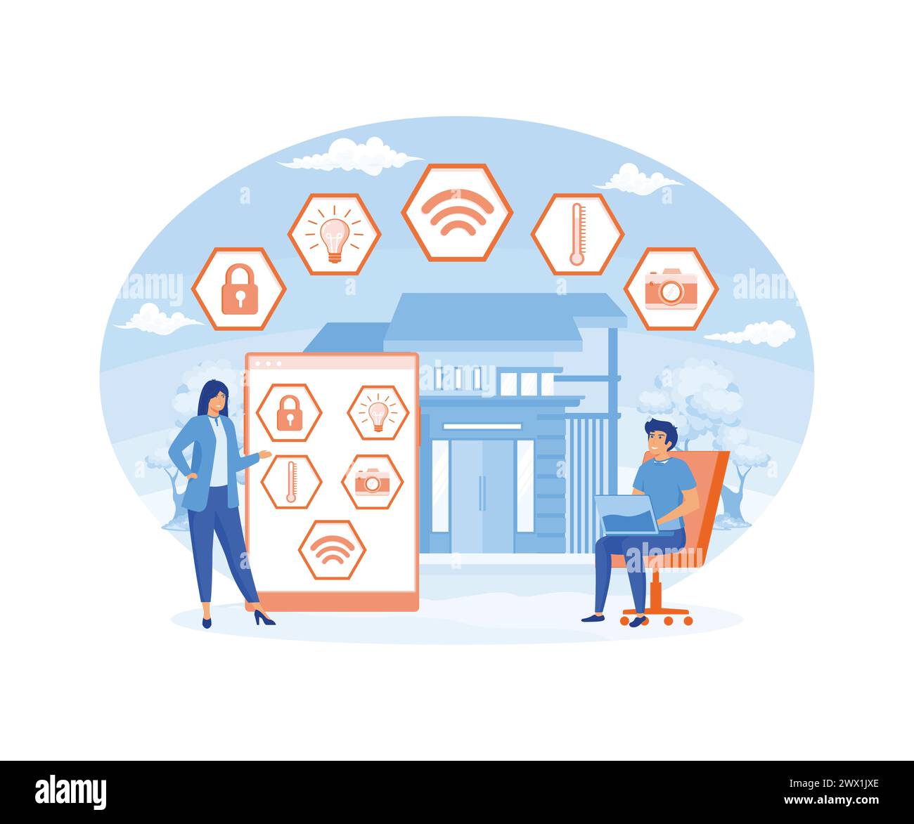 Business people controlling smart house devices with tablet and laptop ... Business people controlling smart house devices with tablet and laptop ...
