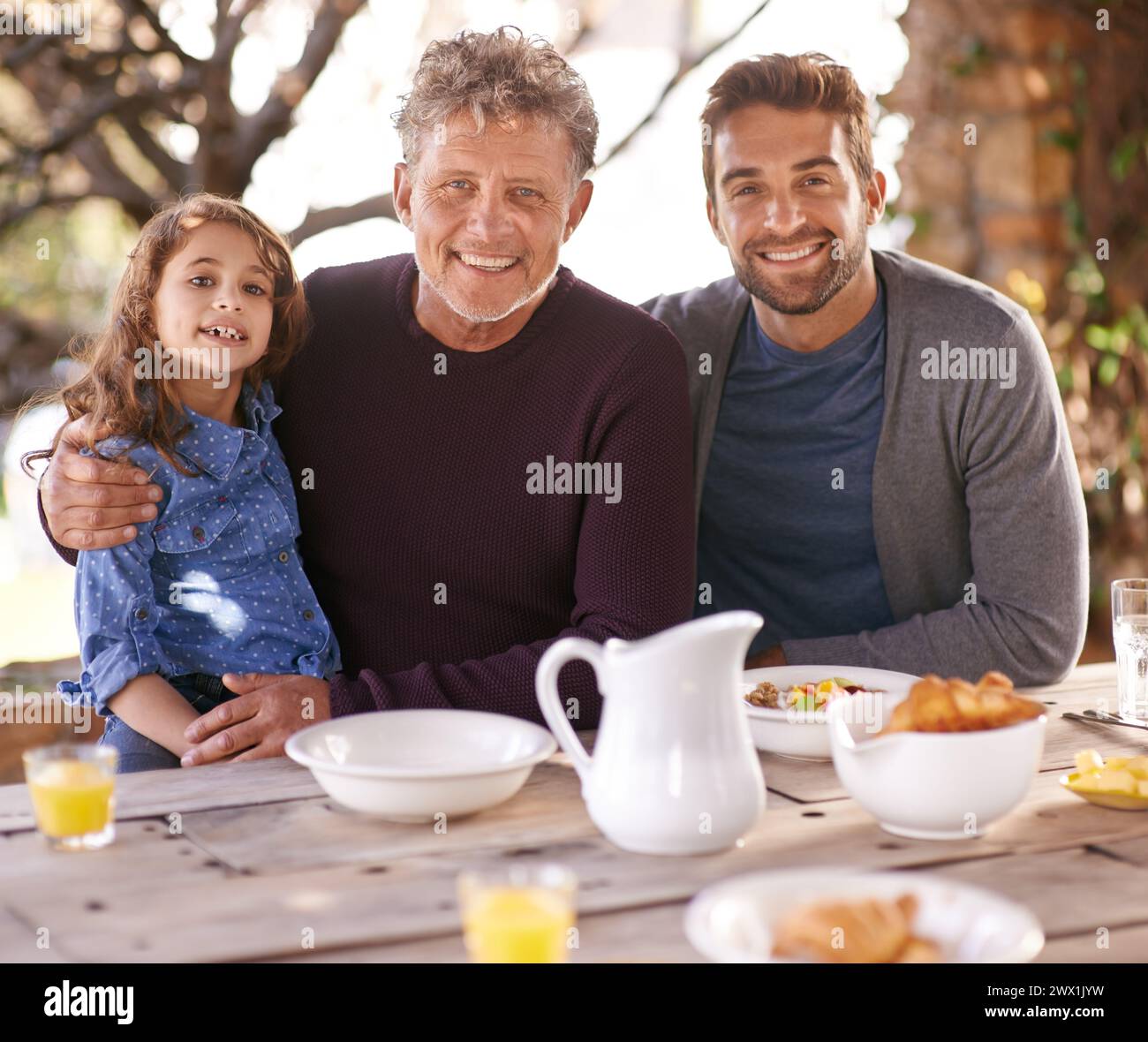 Outdoor, portrait and father with grandpa of girl, smile and breakfast ...