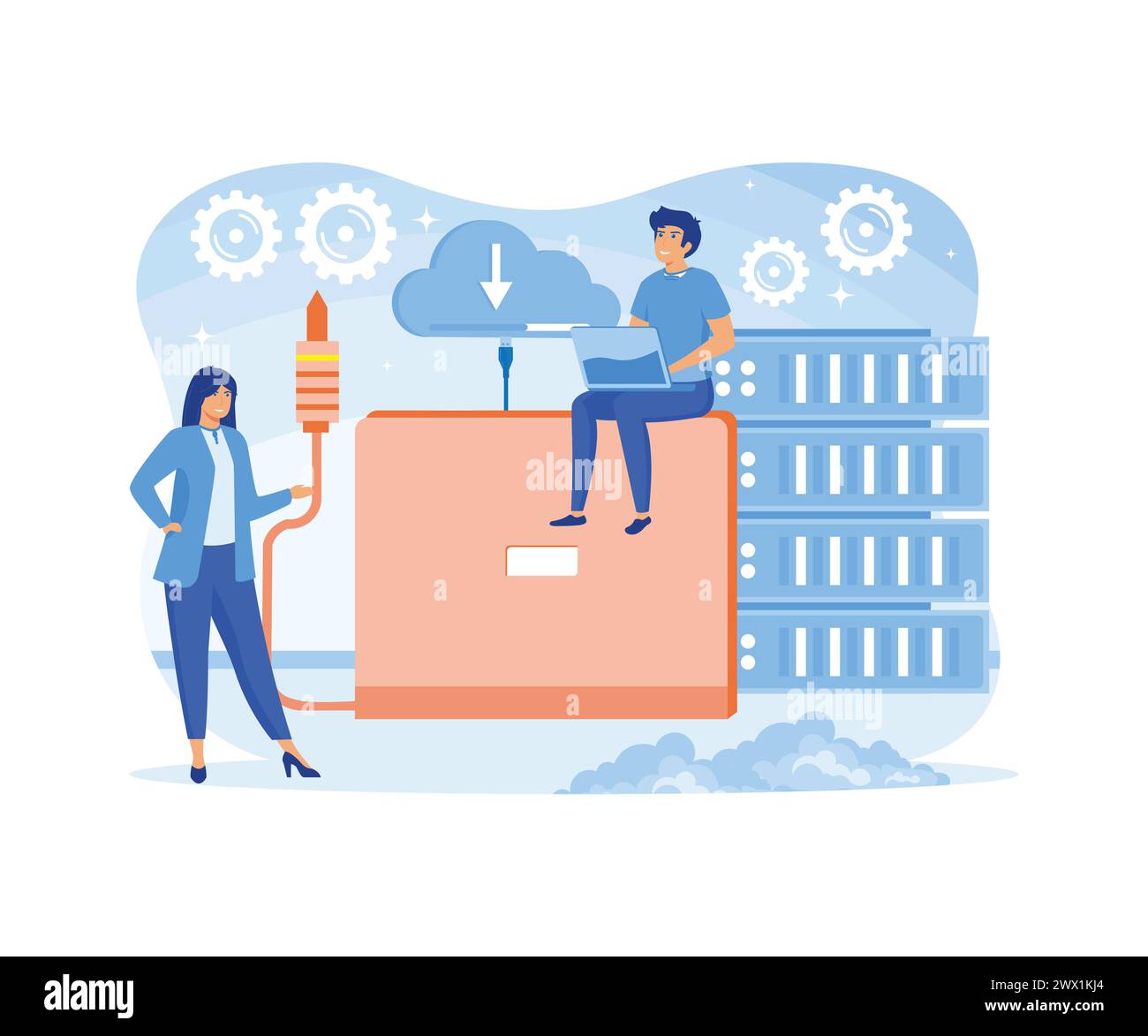 System administrator. People working on computer and doing technical work with server. flat ...