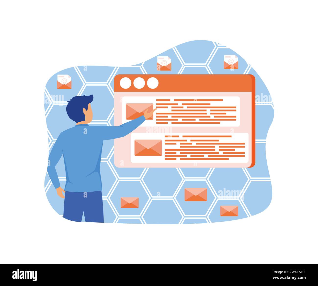 Mail service concept. Man on browser screen checking mailbox online ...