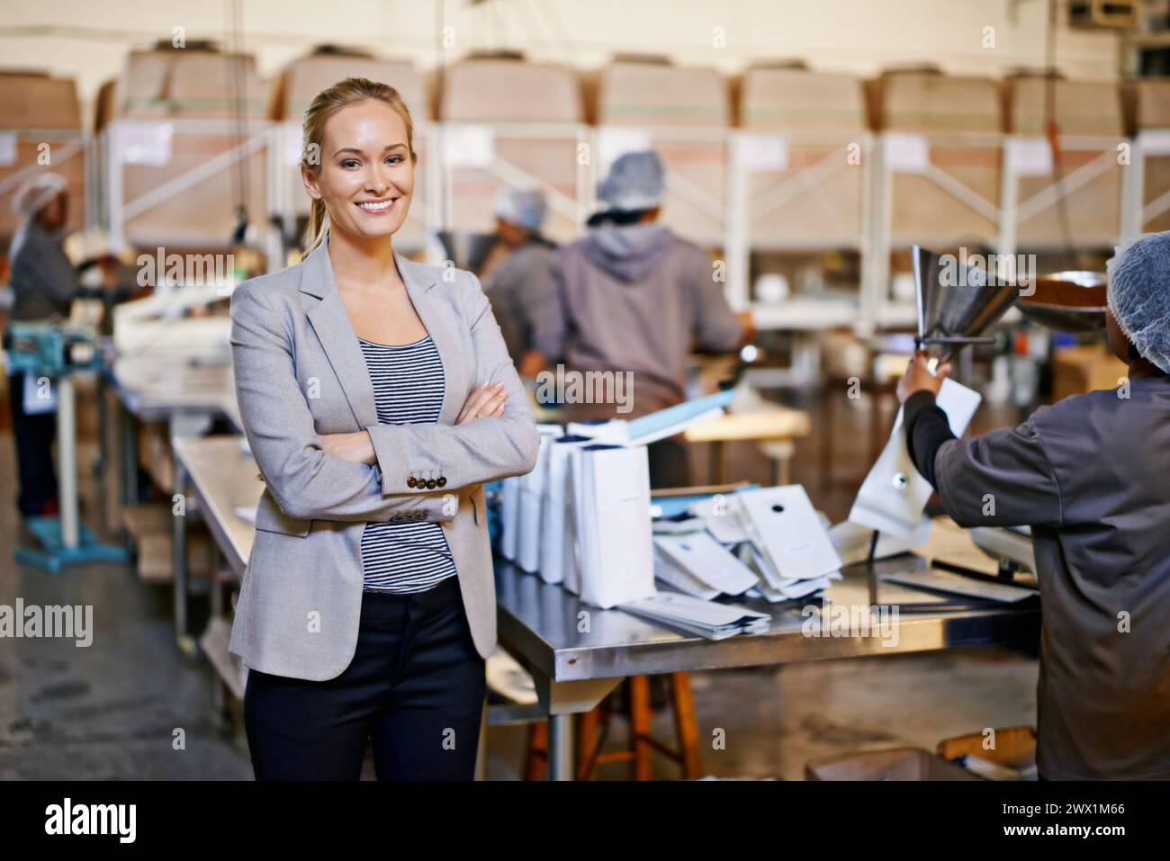 Woman, portrait and warehouse teamwork for packaging production with ...