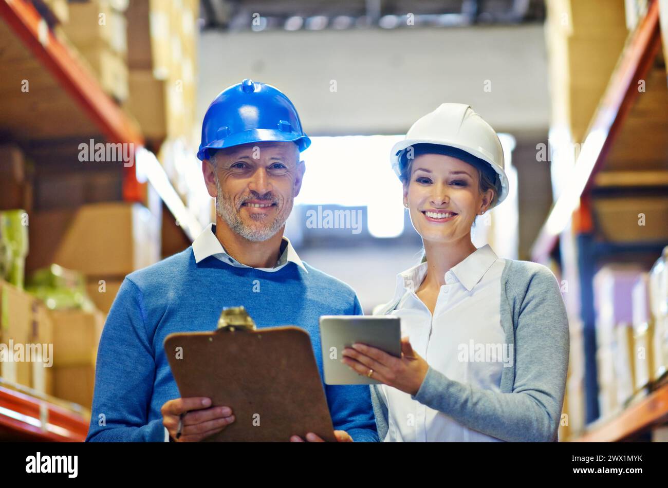 Teamwork, distribution and warehouse, tablet and clipboard with ...