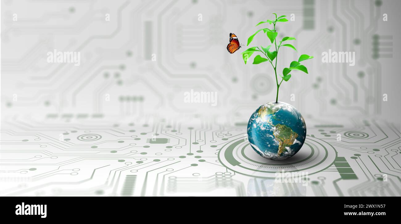 Tree growing on Earth with abstract blue background. Environmental ...