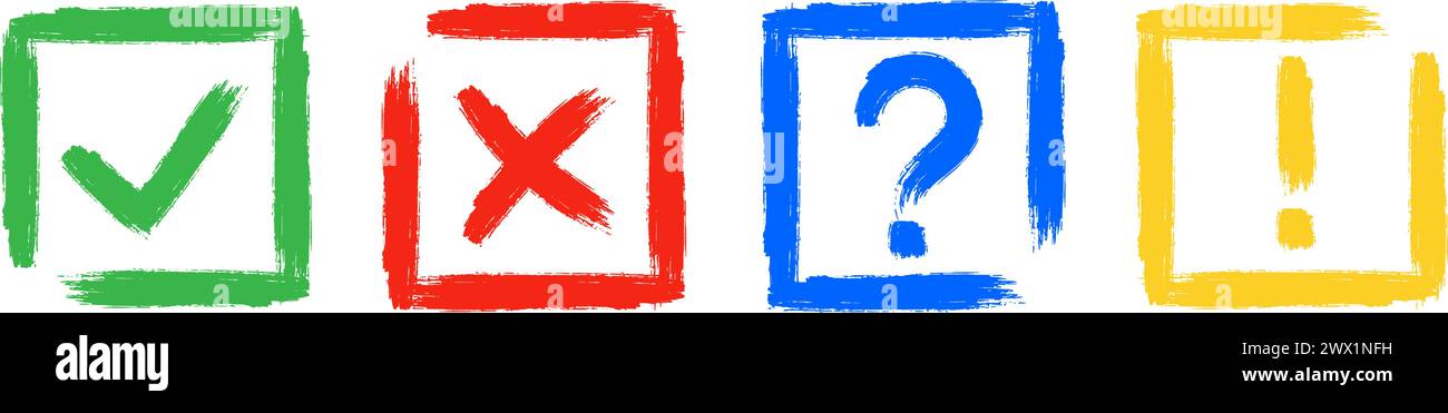 Dirty grunge cross x, tick OK, exclamation and question check marks in ...