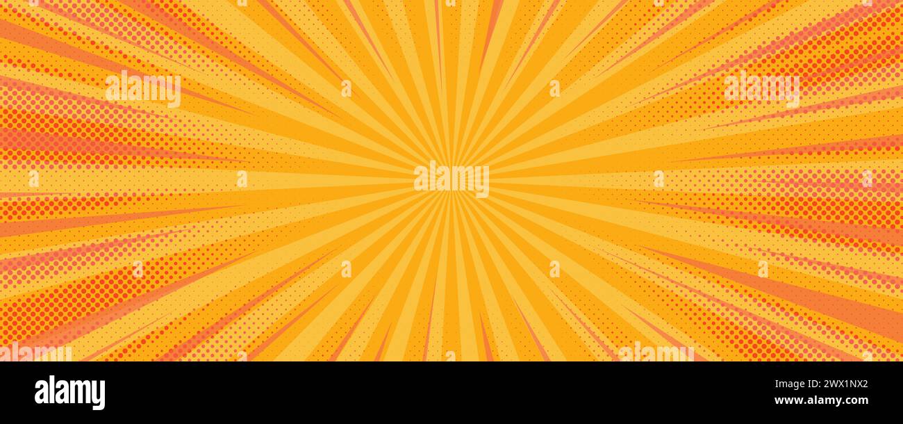 Comic yellow background. Orange pop art sunburst pattern. Retro vector ...