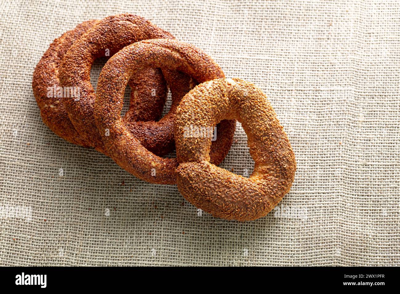 Famous turkish simit on a canvas, bagel, street food, Bursa, Turkey ...