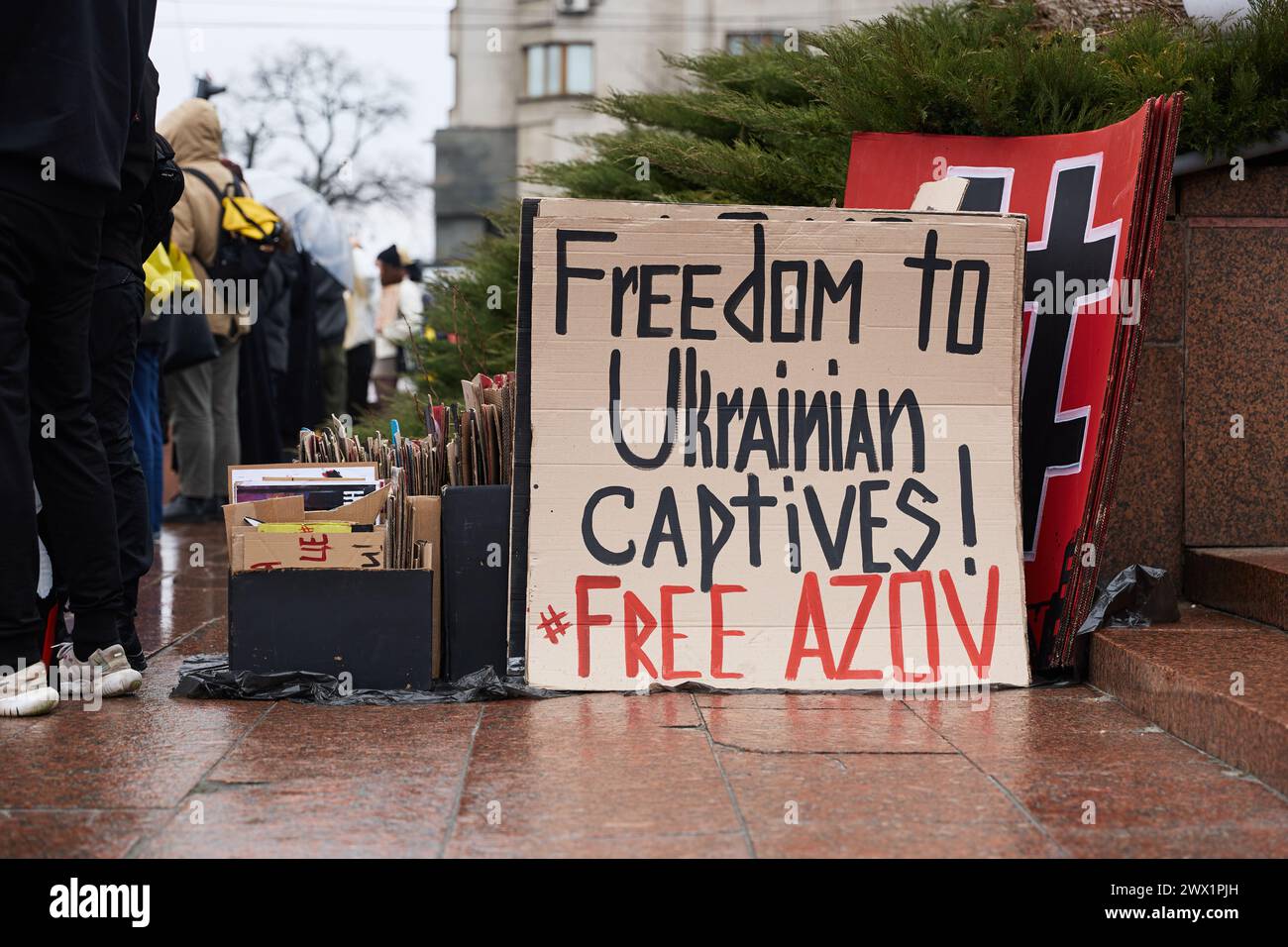 Banner "Freedom To Ukrainian Captives! Free Azov" at a public rally in ...