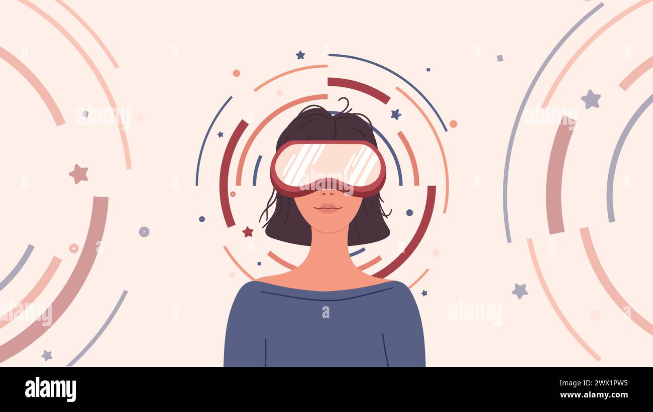 Girl looking through virtual reality goggles. Modern woman in ...