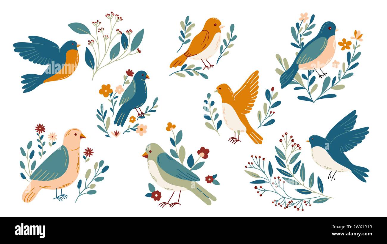 Birds and flowers with different ornaments. Bird in simple cartoon ...