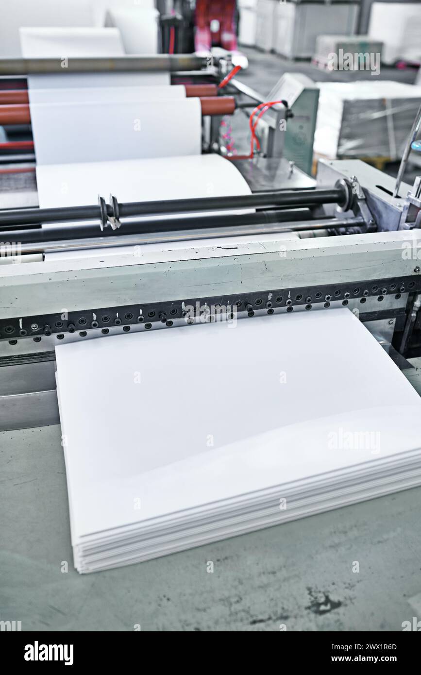 Printer, production and paper factory at warehouse with manufacturing ...