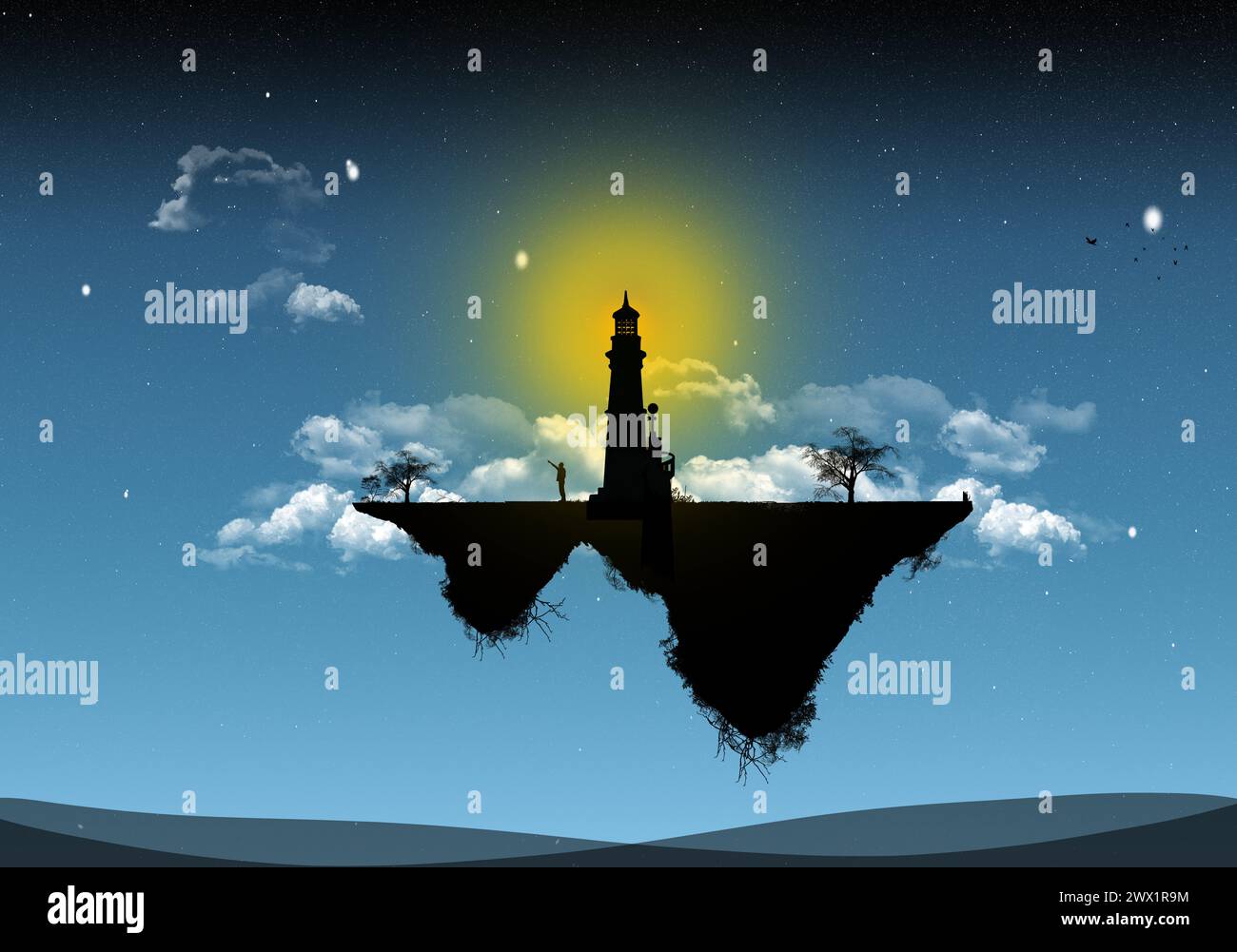 Sky, abstract and illustration of lighthouse silhouette for peace or fantasy at night with ...
