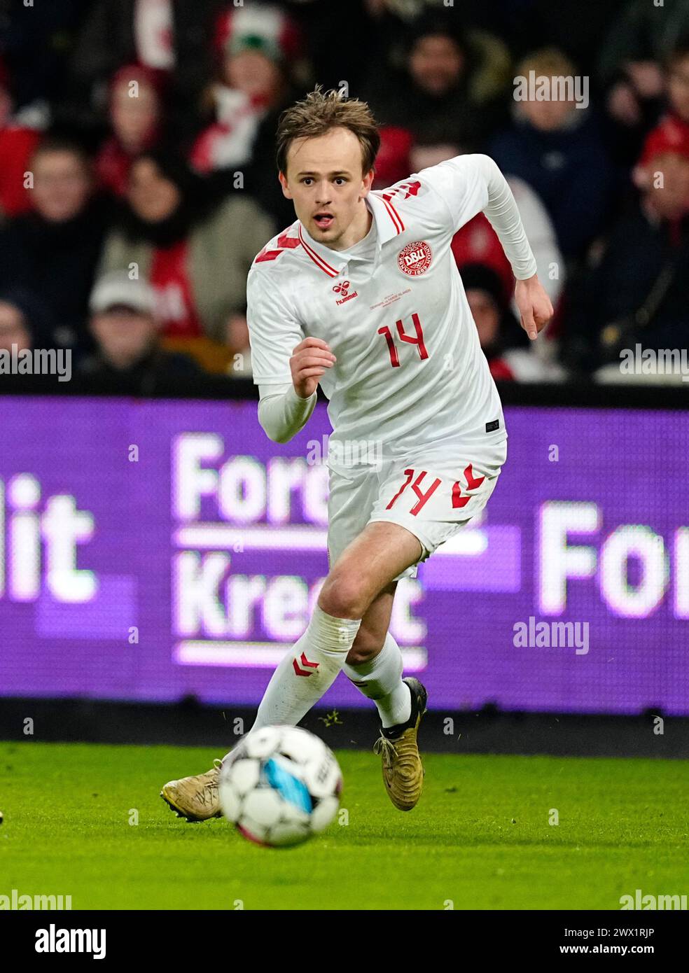 March 26 2024: Mikkel Damsgaard (Denmark) controls the ball during a ...