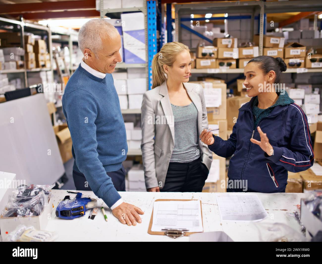 Warehouse, business meeting and people with b2b contract, welcome or ...