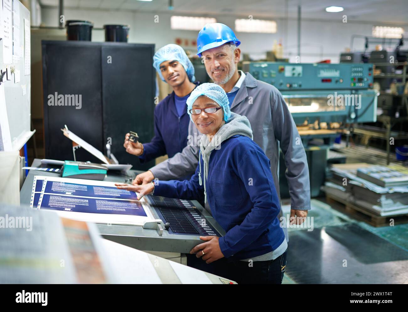 Factory, employees and working with printing, distribution and ...