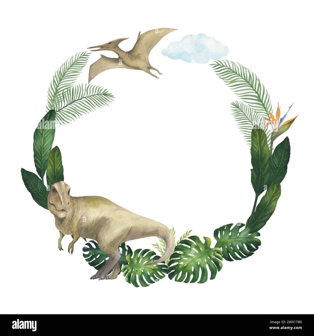Watercolor circle frame with illustration of a dinosaurs and tropical ...