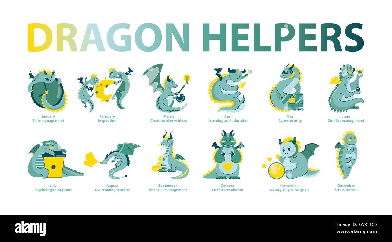 Dragon Helpers set. Monthly themes featuring charismatic dragons aiding ...